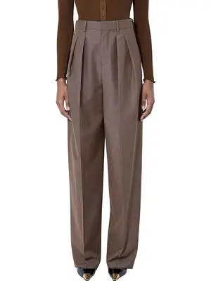 Saint Laurent Mid Rise Wool Blend Wide-leg Trousers - Brown