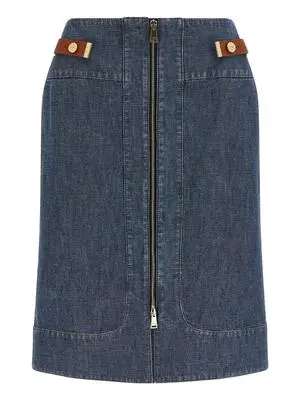 Fendi Chambray Denim Midi Skirt With Leather Details - Blue