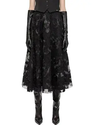 NISSA Floral Embroidered A-line Midi Skirt - Black