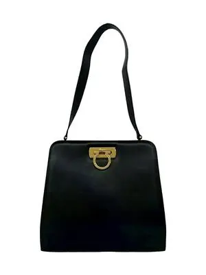 FERRAGAMO Leather Gancini Shoulder Bag - Black