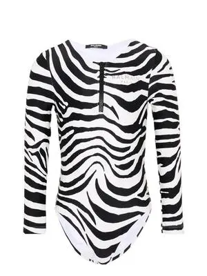 Balmain Zebra-print Long-sleeve Zip-up Swimsuit - White