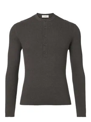LISA YANG Ribbed Cotton And Cashmere Henley Shirt - Brown