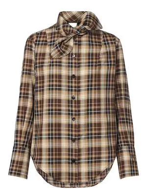 PATOU Checked Cotton Shirt With Self-tie Collar - Brown
