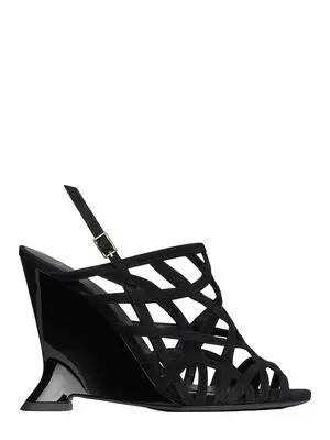 Balmain Suede Wedge Cage Sandals With Gold Tone Buckle - Black