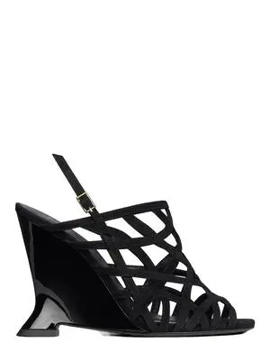 Balmain Balmain Suede Wedge Cage Sandals With Gold Tone Buckle Black