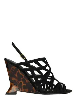Balmain Suede Wedge Cage Sandals With Tortoiseshell-effect Lacquer - Multicolor