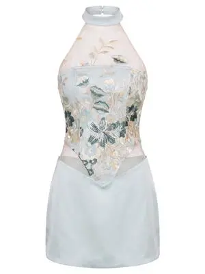 CLERESTORY Coralie Floral Embroidered Halter Corset Mini Dress
