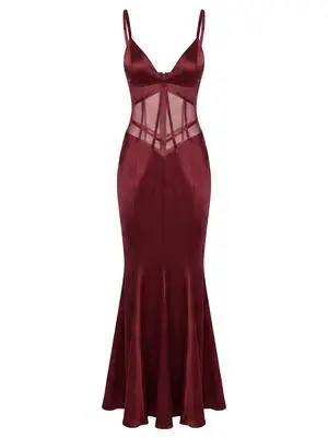 CLERESTORY Clerestory Amarante Satin Bias Mesh-Waist Maxi Dress