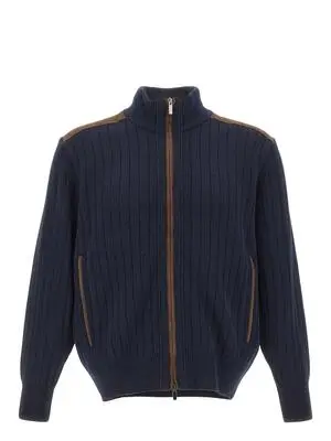 Paul & Shark Ribbed Zip-up Sweater With Suede Accents - Blue