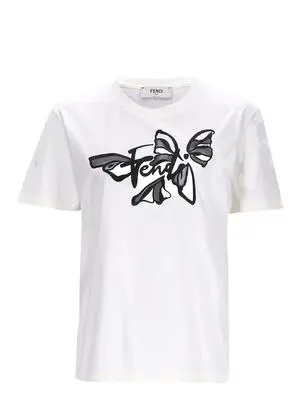 Fendi FENDI Crew Neck T-Shirt With Front Embroidery Bianco