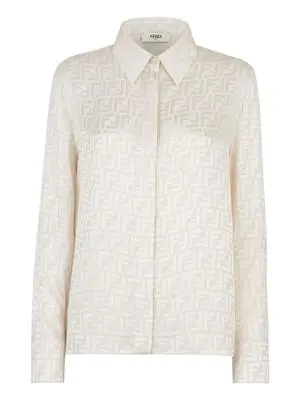 Fendi Long Sleeve Silk Jacquard Ff Motif Shirt - Bianco