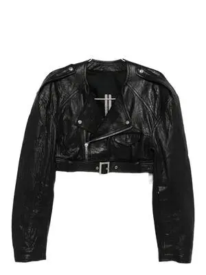 Rick Owens Cropped Leather Jacket With Zip Cuffs And Belt - Nero