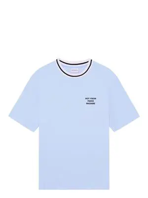 Drole De Monsieur Drole De Monsieur Chest Slogan Print Cotton T-Shirt With Ribbed Contrast Neckline Azzurro