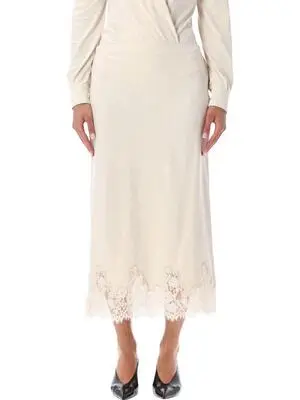 Alberta Ferretti Lace-trimmed Elastic Waist Midi Skirt - Bianco