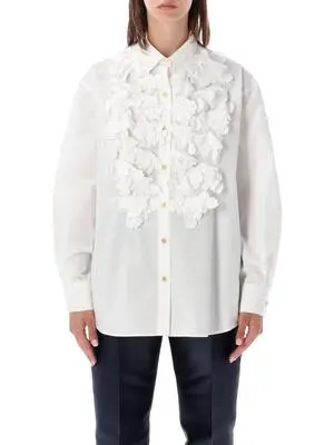 Alberta Ferretti Embroidered Floral Appliqué Cotton Shirt - Bianco