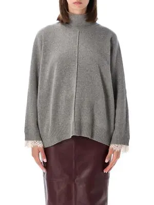 Alberta Ferretti Cashmere Turtleneck Sweater With Lace-trim Cuffs - Grigio