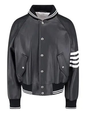 Thom Browne Leather Varsity Bomber Jacket - Black