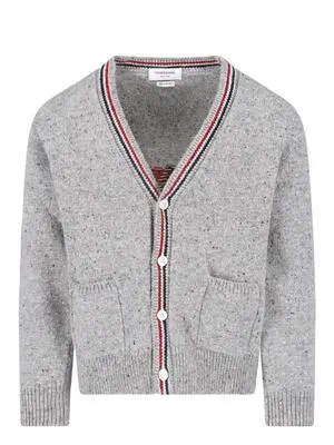 Thom Browne V-neck Wool-mohair Cardigan With Tricolor Stripe Detail - Grey