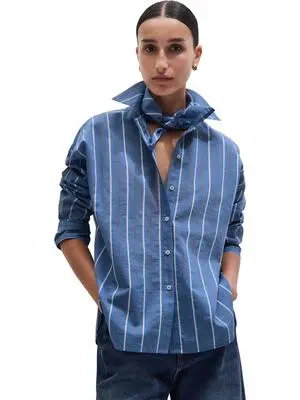 ME+EM Cotton Relaxed Striped Shirt + Scarf - Blue Multi