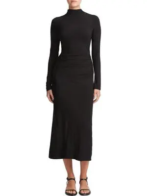 Vince Ruched Long-sleeve Turtleneck Dress - Black
