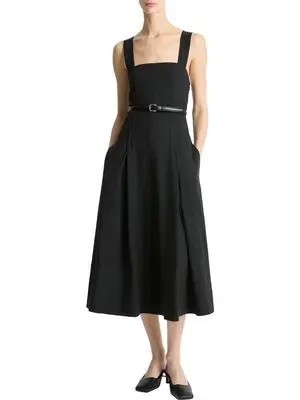 Vince Linen-blend Square-neck Midi Dress - Black