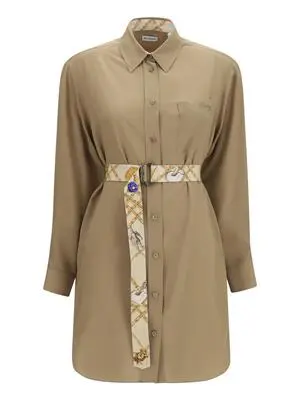 Burberry Silk Crêpe De Chine Shirt Dress With Printed Belt - Beige
