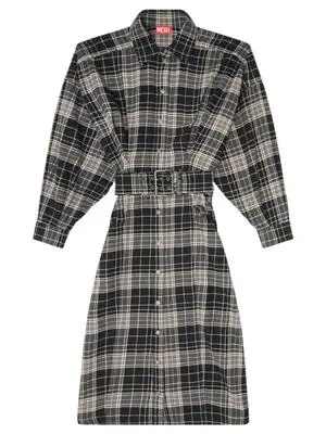 DIESEL® Midi Dress In Check Flannel With Wide Belt - Gray/black