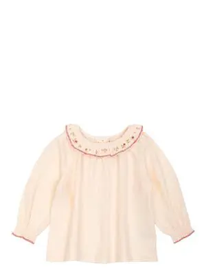 Bonpoint Long-sleeved Top With Ruffled Collar And Patterned Decoration - Pink