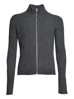JIL SANDER Ribbed Zip-up High Neck Cardigan - Grey