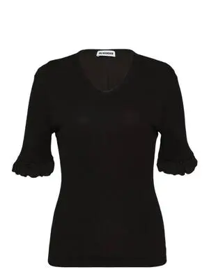 JIL SANDER Ribbed V-neck Top With Ruffled Cuffs - Black