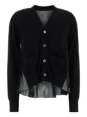 Sacai Button-up Knit Top With Pleated Print Back - Black