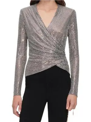 SELF-PORTRAIT Rhinestone Mesh Wrap Top - Grey