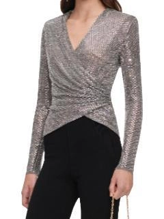 SELF-PORTRAIT Rhinestone Mesh Wrap Top - Grey