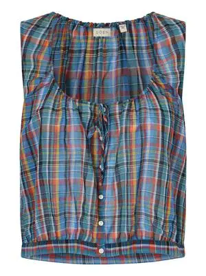 DÔEN Gathered Checked Organic Cotton-voile Top - No