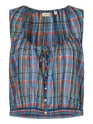 DÔEN DOEN Gathered Checked Organic Cotton-Voile Top No