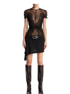Attico Lace Detailed Belted Waist Dress - Black