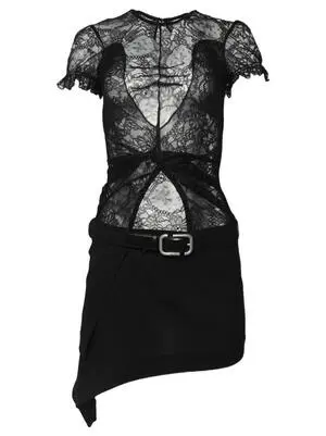 Attico Lace Detailed Belted Waist Dress - Black