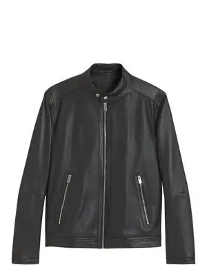 BOSS Grained Leather Zip-up Jacket With Logo Trim - Black