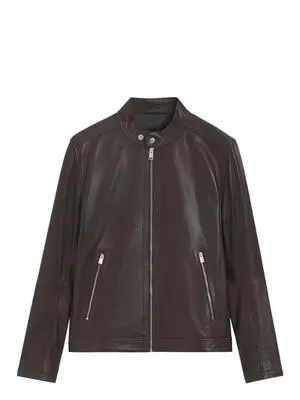 BOSS BOSS Grained Leather Zip-Up Jacket With Logo Trim Light Brown