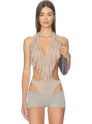 NIIHAI Halter Neck Fringe Bodysuit - Sand