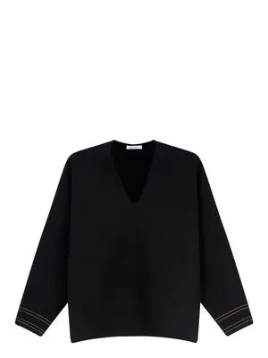 Max Mara Wool Blend V-neck Sweater With Contrasting Trim - Black