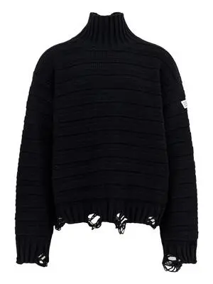 MAISON MARGIELA Distressed Wool Blend High Neck Sweater - Black