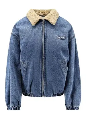 Miu Miu Denim Jacket With Faux Fur Collar And Logo Patch - Blue