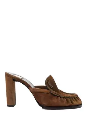 Saint Laurent Le Loafer Suede Heeled Mules - Brown