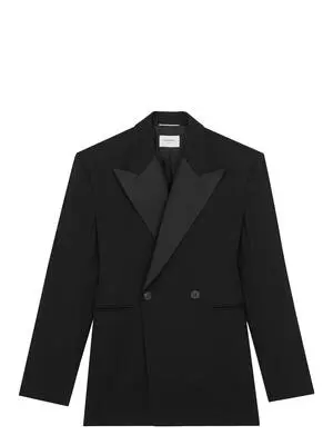 Saint Laurent Double-breasted Tuxedo Jacket In Grain De Poudre - Noir