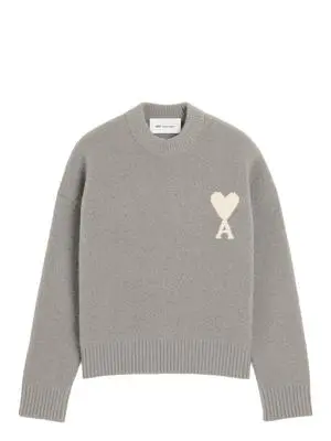 AMI Paris Grey Crewneck Alpaca Sweater With De Coeur - Ash Gray/ecru