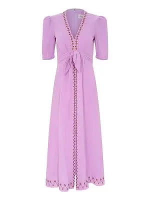 SALONI Saloni V-Neck Dress With Bubble Sleeves And Front Tie Detail