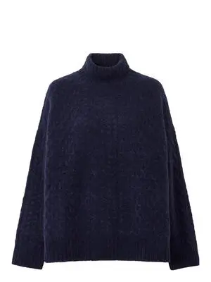 THE ELDER STATESMAN Cable Knit Turtleneck Sweater - Navy Blue
