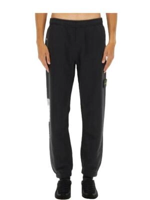 Stone Island Logo Patch Fleece Jogger Pants - Black