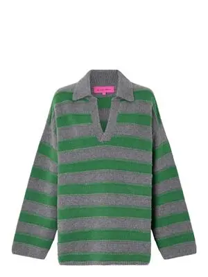THE ELDER STATESMAN Striped Cashmere Polo Sweater - Gray/green